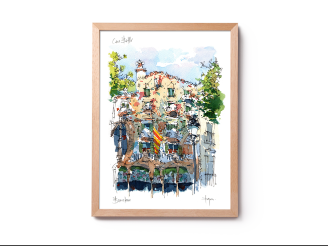 Casa Batlló Gaudi Barcelona Watercolor